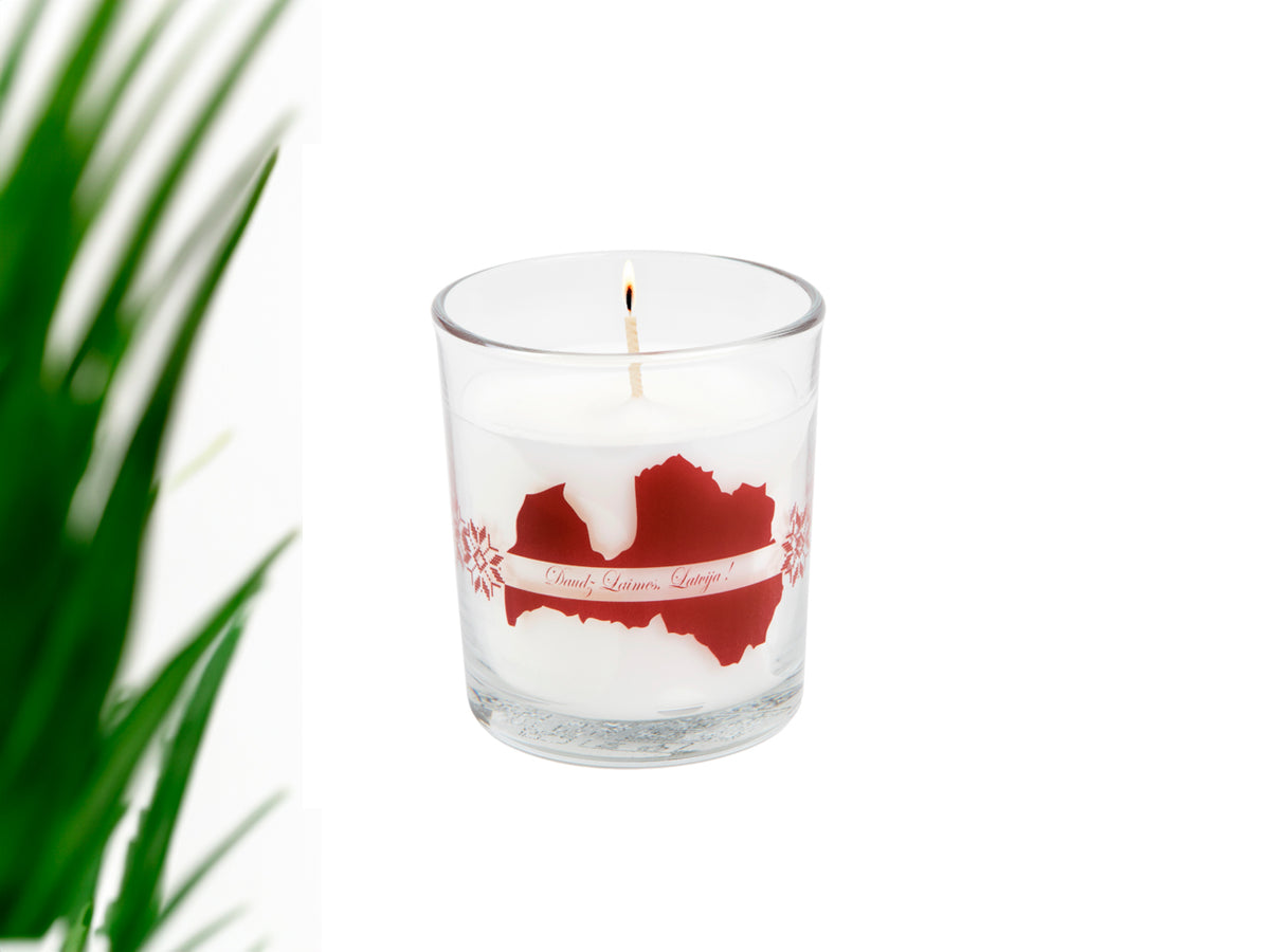 Svece stikla traukā "Daudz Laimes, Latvija!" – Karogu Veikals